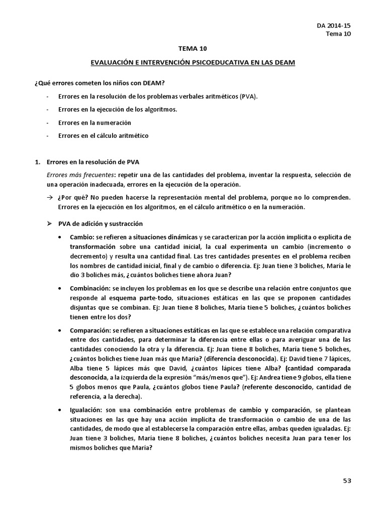 Tema 10evaluación e Intervención Psicoeducativa en Las Deam | PDF | Sustracción | Enseñanza de ...