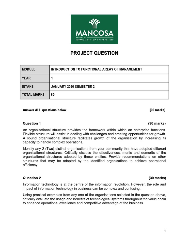 Introduction To Functional Areas of Management Project Question | PDF ...