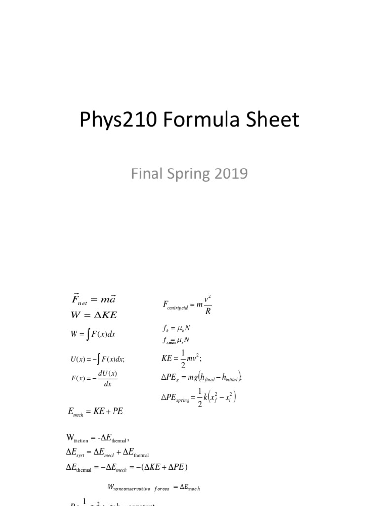 Phys210 Spring 2019 Formula Sheet | PDF | Natural Philosophy ...
