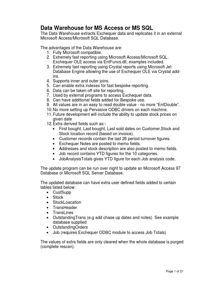MS Access/SQL Data Warehouse Guide | PDF | Microsoft Access | Microsoft Sql Server