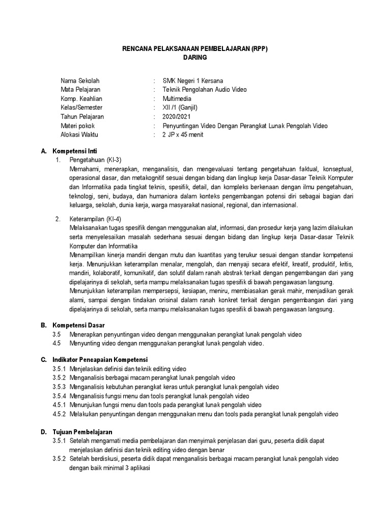 RPP KD 5 Menerapkan Penyuntingan Video | PDF