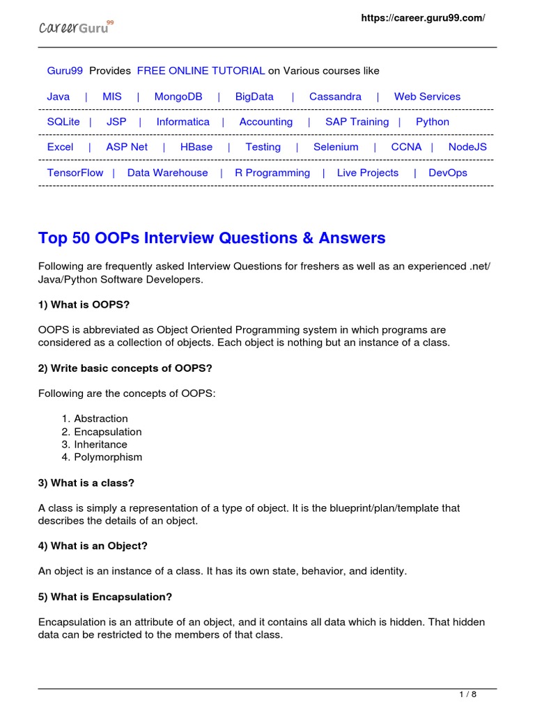 Top 50 Oops Interview Questions & Answers | PDF | Method (Computer Programming) | Inheritance ...
