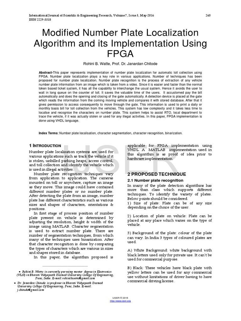Modified Number Plate Localization Algorithm and Its Implementation Using FPGA | PDF | Sensor ...