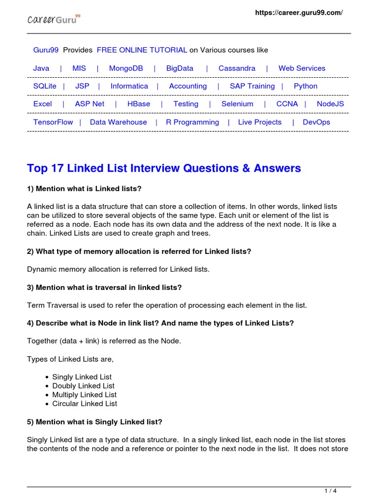 Top 17 Linked List Interview Questions & Answers | PDF | Pointer (Computer Programming ...