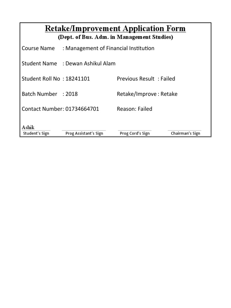 Retake/Improvement Application Form: (Dept. of Bus. Adm. in Management Studies) | PDF