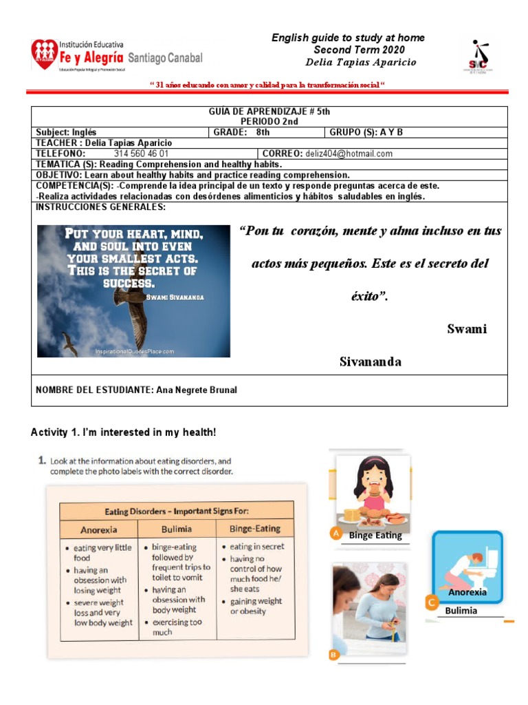 Guía de Inglés: Hábitos Saludables 8° | PDF | Nutrición | Dietas