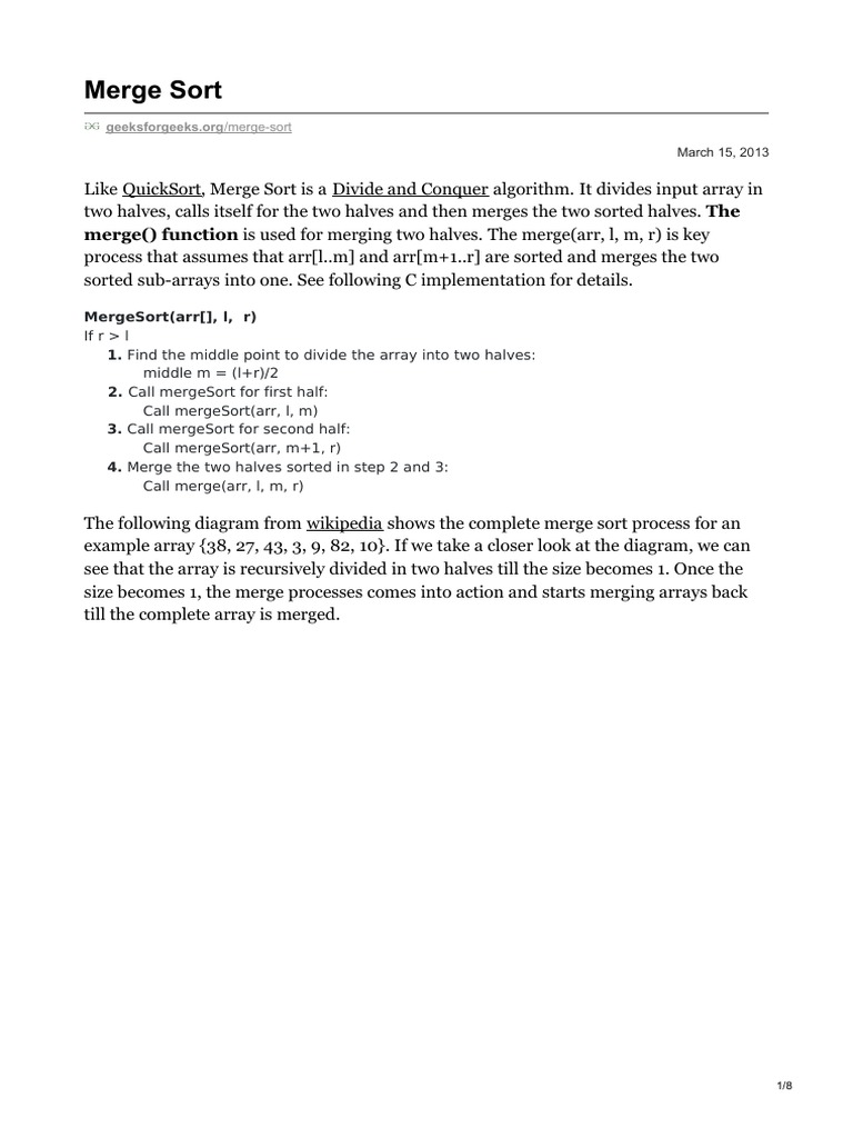 Merge Sort: Merge Function Is Used For Merging Two Halves. The Merge (Arr, L, M, R) Is Key | PDF ...