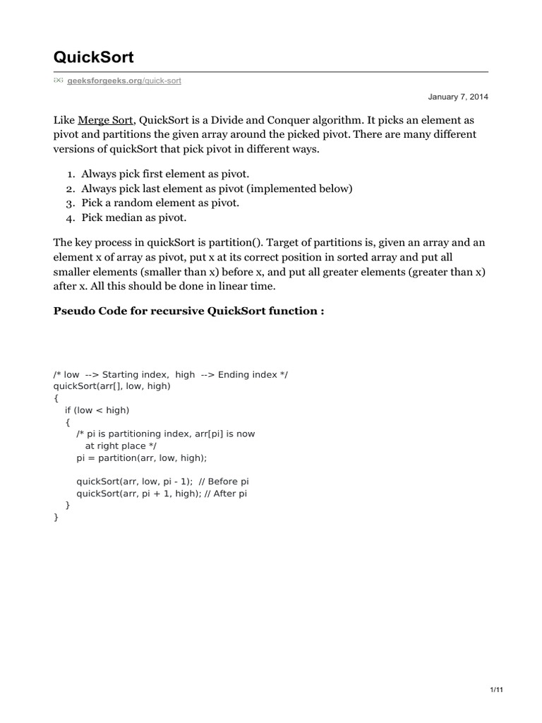 Quicksort: Pseudo Code For Recursive Quicksort Function | PDF ...