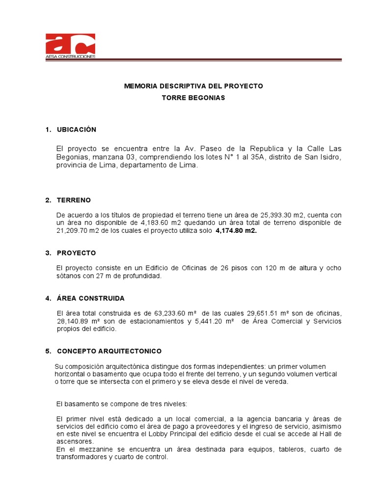 Proyecto Torre Begonias: Edificio de Oficinas en San Isidro | PDF | Agua | Residuos