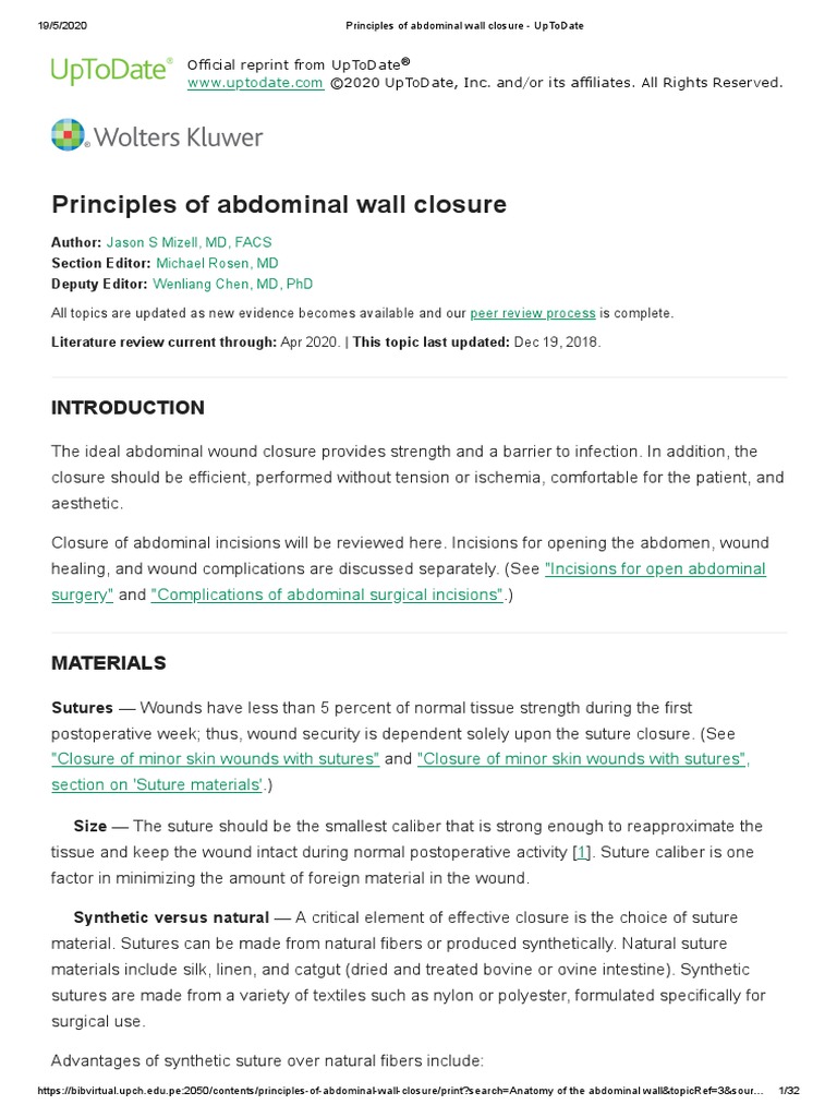Principles of Abdominal Wall Closure - UpToDate | PDF | Surgical Suture ...