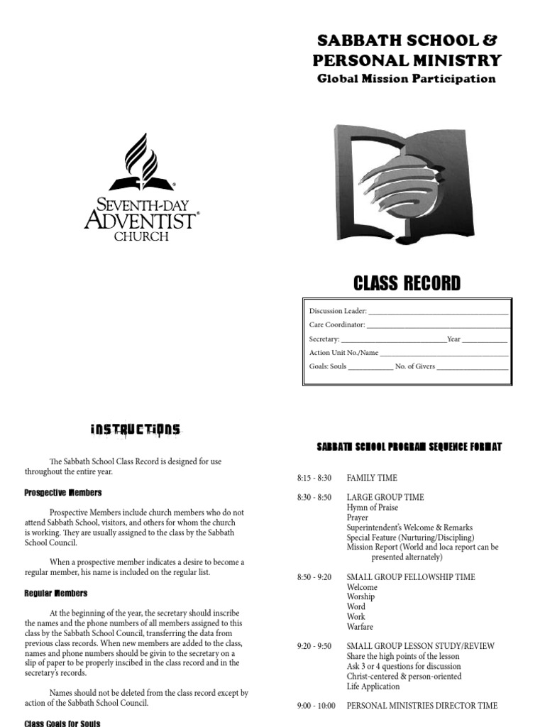 Sabbath School Class Record | PDF | Disciple (Christianity) | Religious Behaviour And Experience