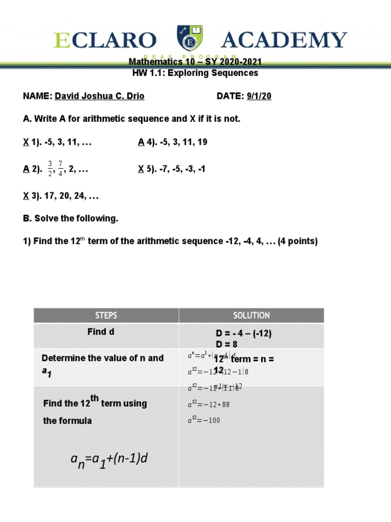 Math 10 hw1.2 Arithmetic Sequence | PDF | Mathematical Objects | Teaching Mathematics