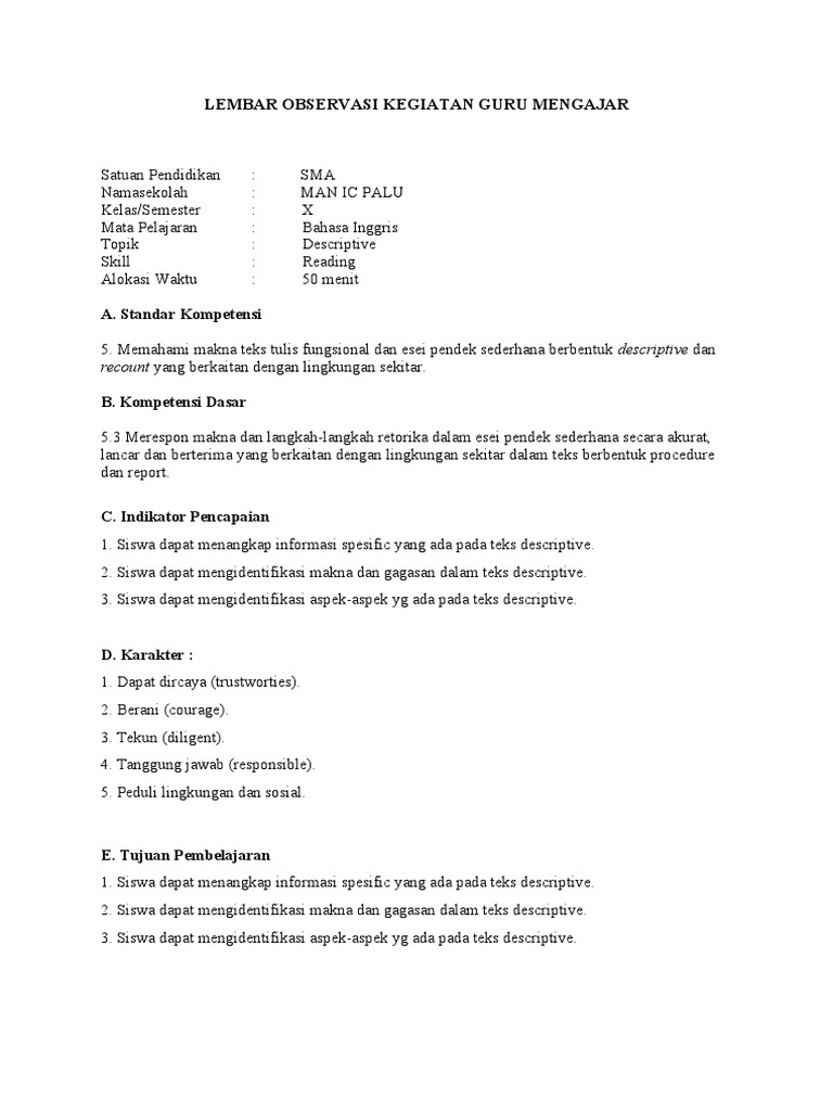 Teaching Descriptive Text Observation Sheet | PDF