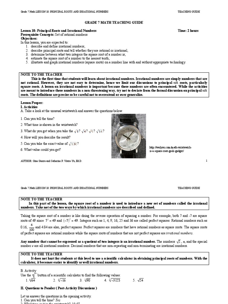Grade 7 Math Lesson 10: Principal Roots and Irrational Numbers Teaching ...
