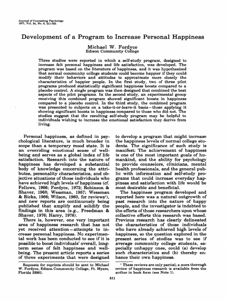 Development of A Program To Increase Personal Happiness: Michael W ...