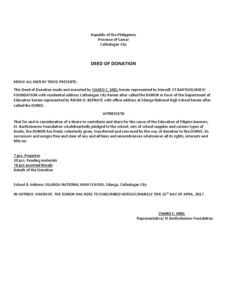 DEED OF DONATION ST Bartholomew Foundation | PDF