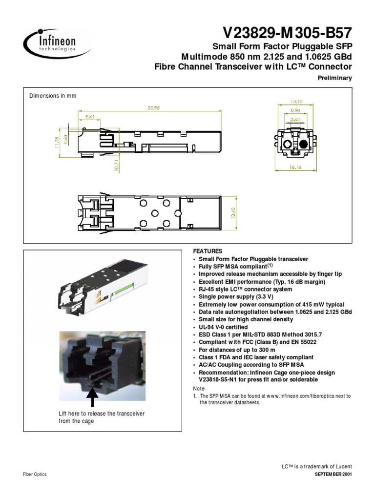 Small Form Factor Pluggable SFP Multimode 850 NM 2.125 and 1.0625 GBD ...
