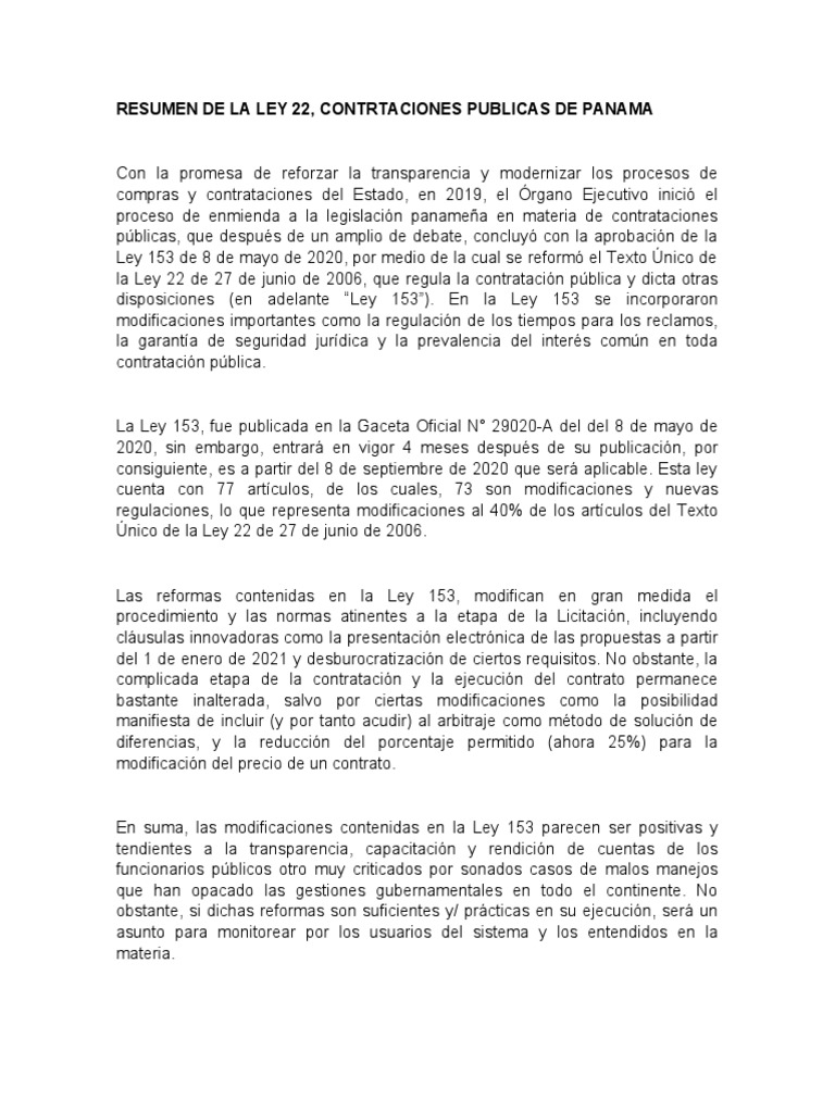 Resumen Ley 22 Contrataciones Publicas de Panama | PDF | Arbitraje | Panamá