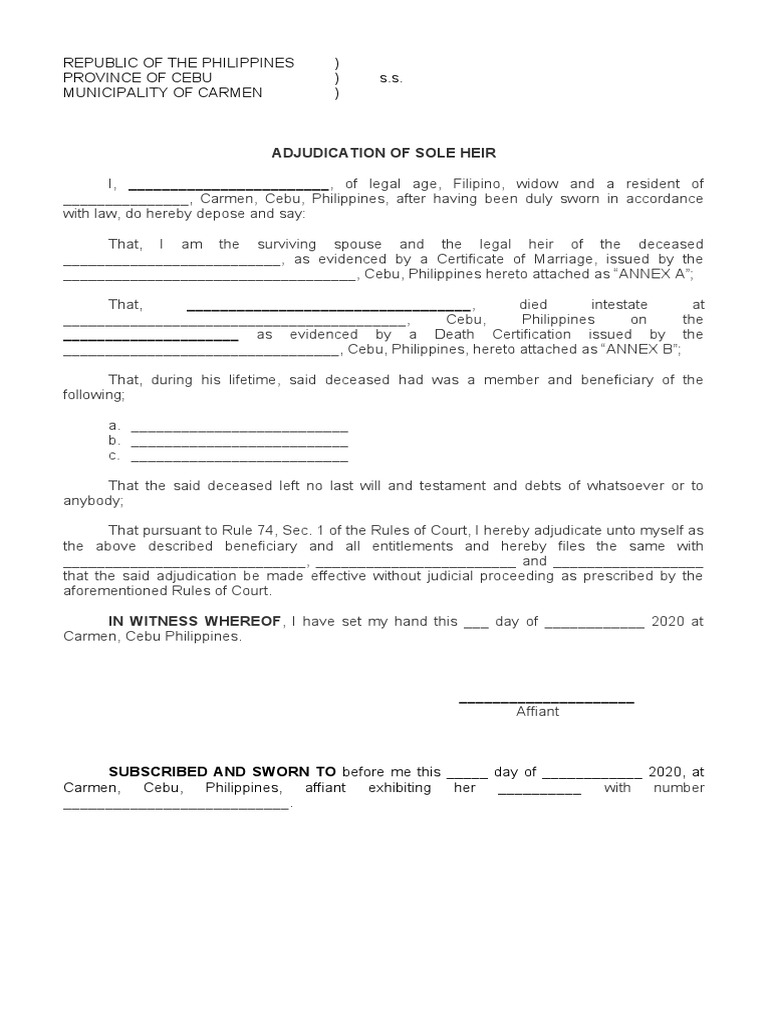 Adjudication of Sole Heir: Republic of The Philippines) Province of ...