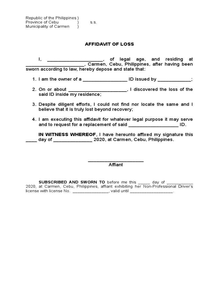 Affidavit of Loss Template | PDF
