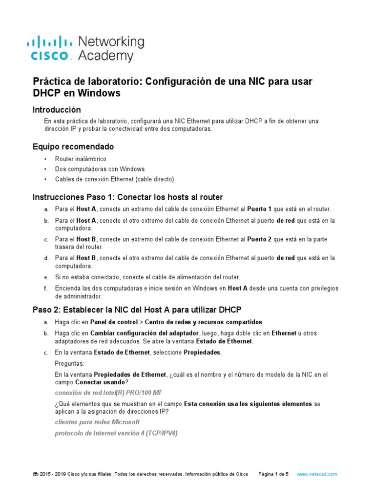 6.1.2.7 Lab - Configure A NIC To Use DHCP in Windows | PDF | Dirección IP | Protocolos de internet
