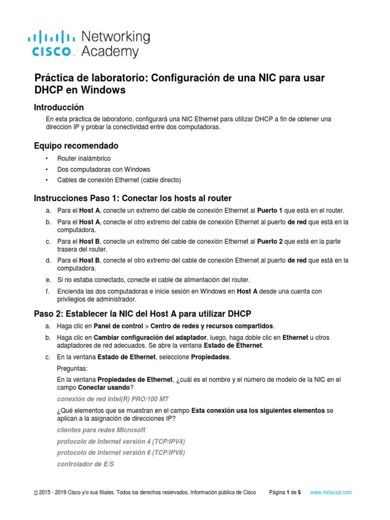 6.1.2.7 Lab - Configure A NIC To Use DHCP in Windows | PDF | Dirección IP | Protocolos de internet