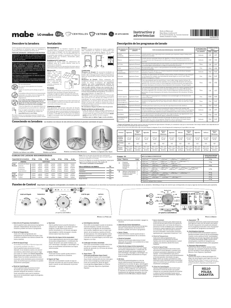 Mabe LMA79113VBAB0 Washing Machine PDF | PDF | Lavadora | Ropa