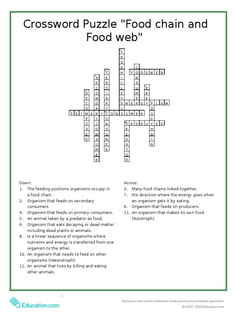 "Food Chain and Food Web" Crossword Puzzle (Answer Key) | PDF | Food ...