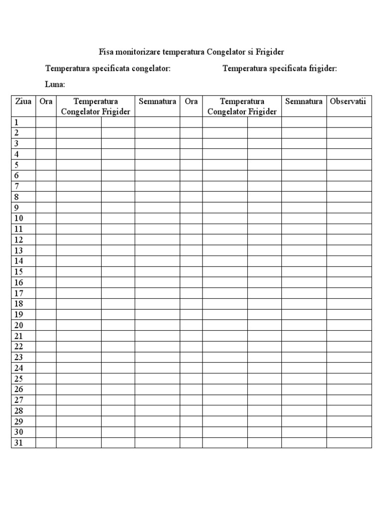 Grafic Fisa Monitorizare Temperatura Congelator Si Frigider | PDF