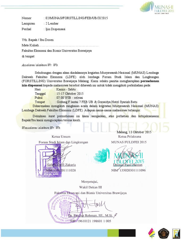 (FORMAT) Surat Permohonan Dispensasi Ub-1 | PDF