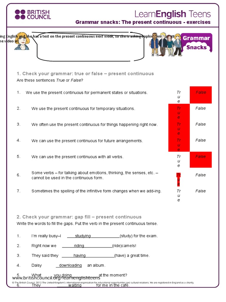 Grammar Snacks: The Present Continuous - Exercises | PDF | Cognitive ...