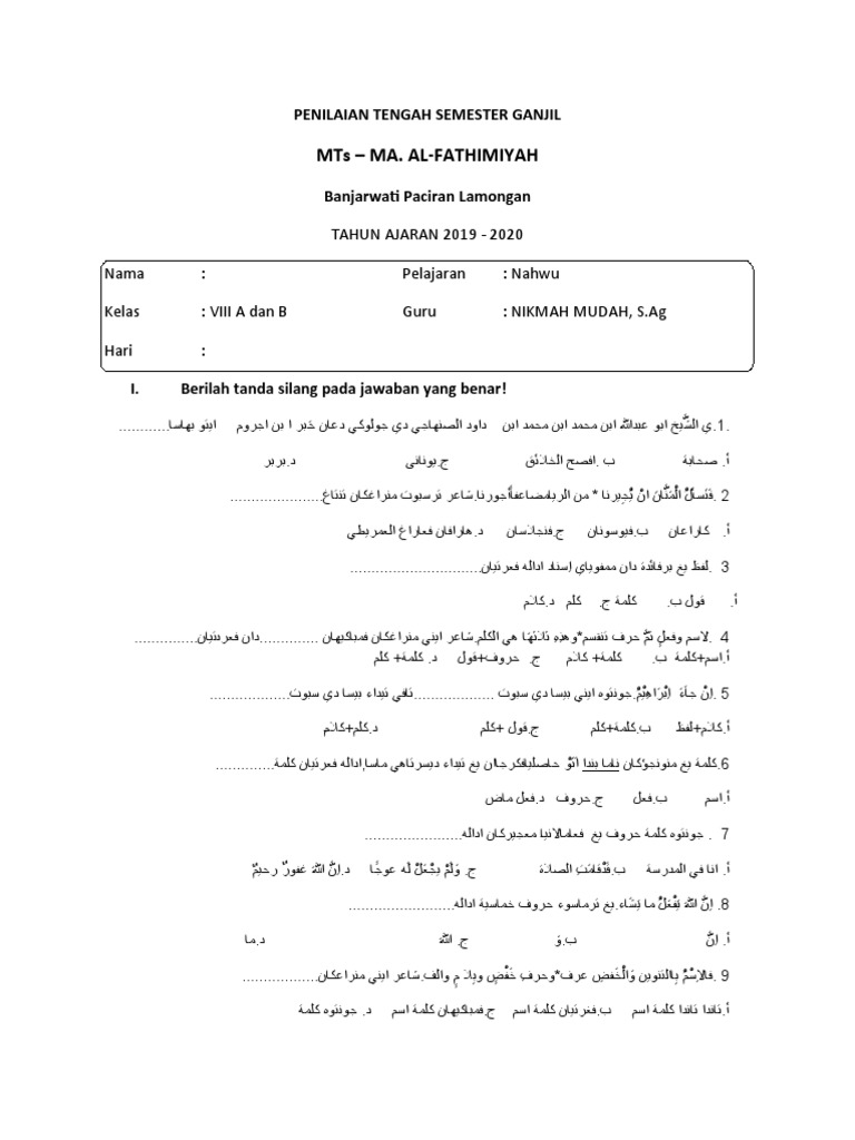 Soal PTS Ganjil Nahwu Kelas 8,9 2019 | PDF