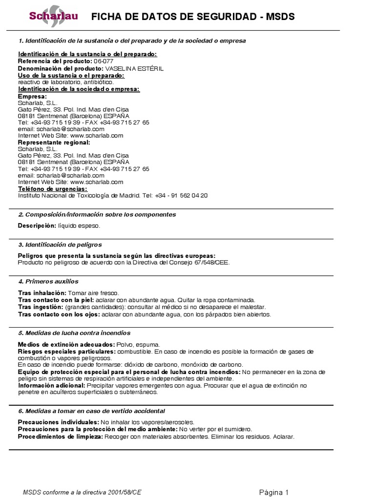 MSDS Vaselina Esteril | PDF | Toxicidad | Agua