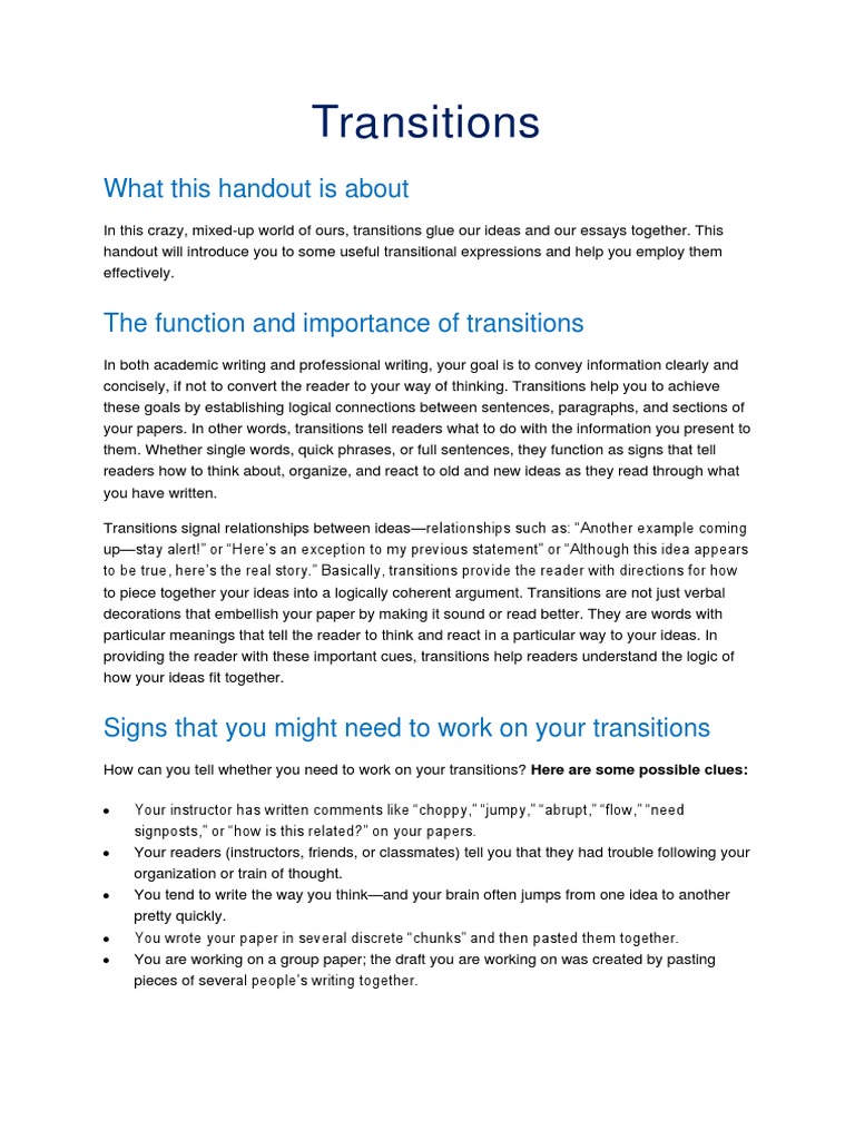 Transitions: What This Handout Is About | PDF | Argument | Phrase