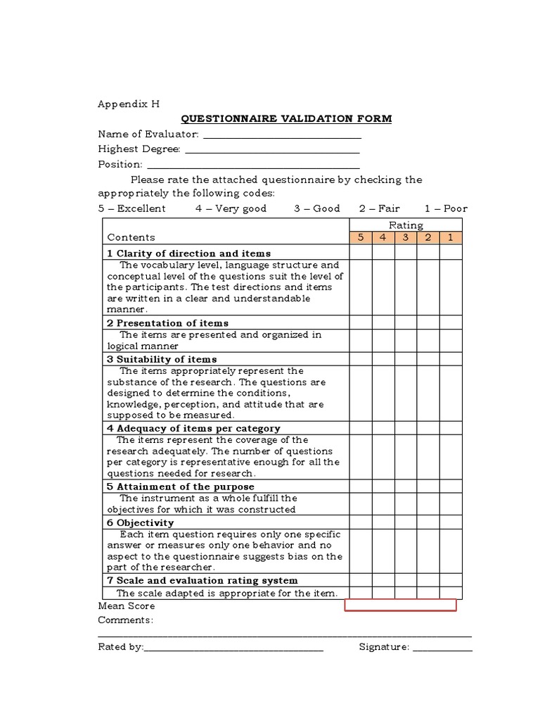 Questionnaire Validation Form: 1 Clarity of Direction and Items | PDF