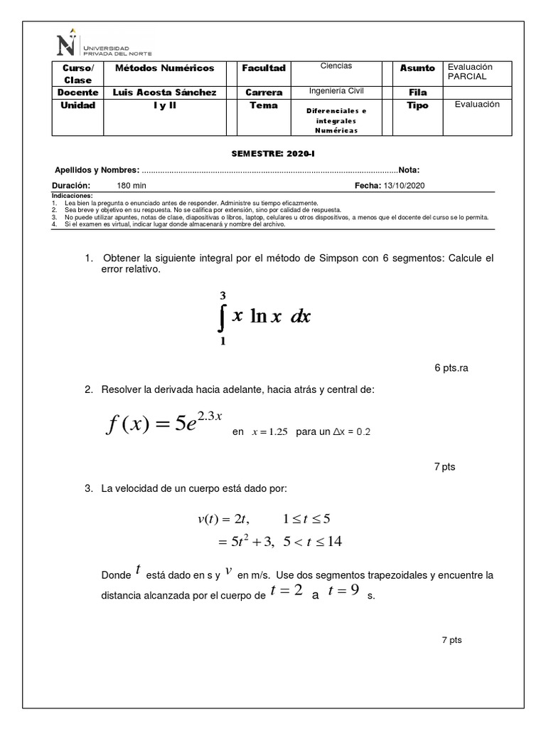 Evaluacion Parcial 2020-II Metodos Numericos | PDF | Análisis numérico | Prueba (evaluación)