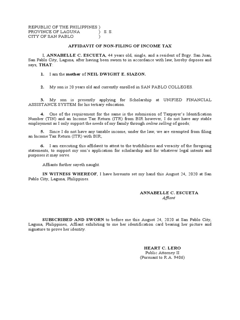 Affidavit of Non-Filing of Income Tax: Affiant | PDF