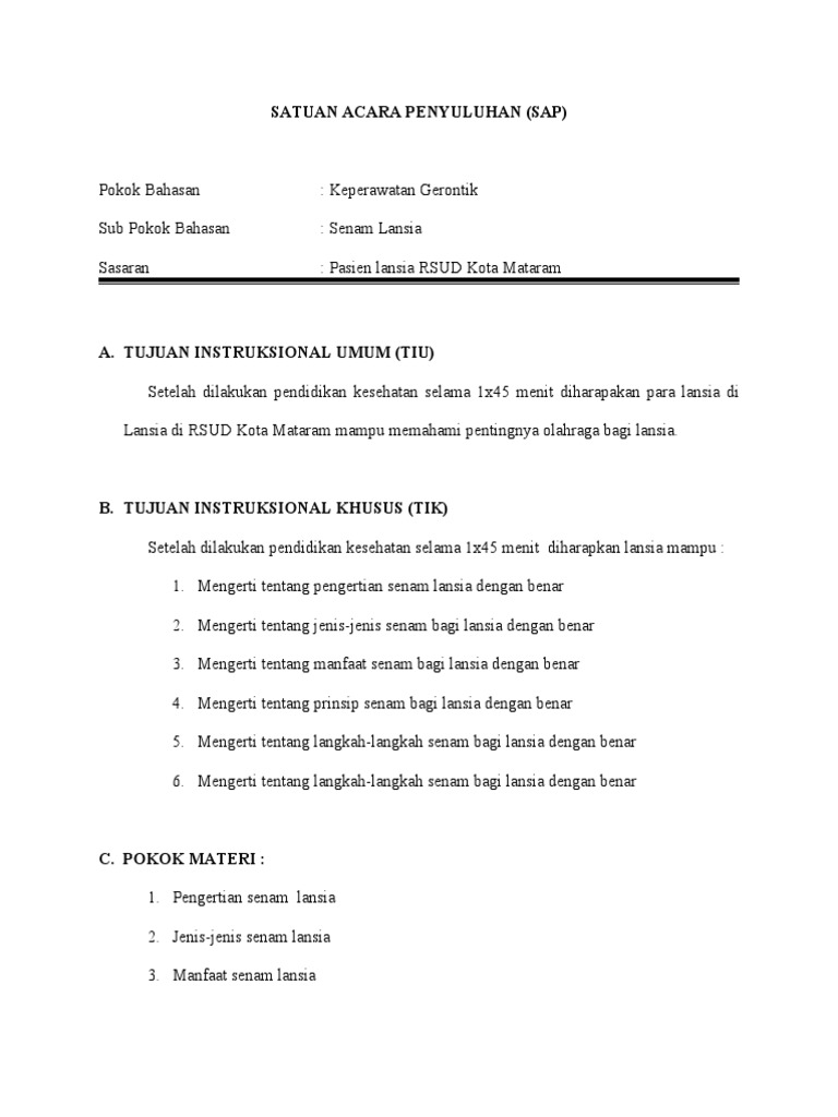 Sap Senam Lansia | PDF | Pengembangan Diri | Kesehatan Holistik