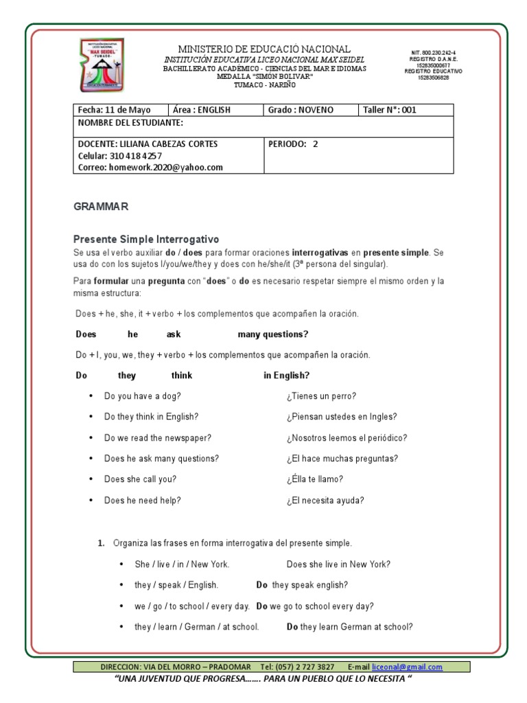 Grammar Presente Simple Interrogativo: Ministerio de Educació Nacional ...