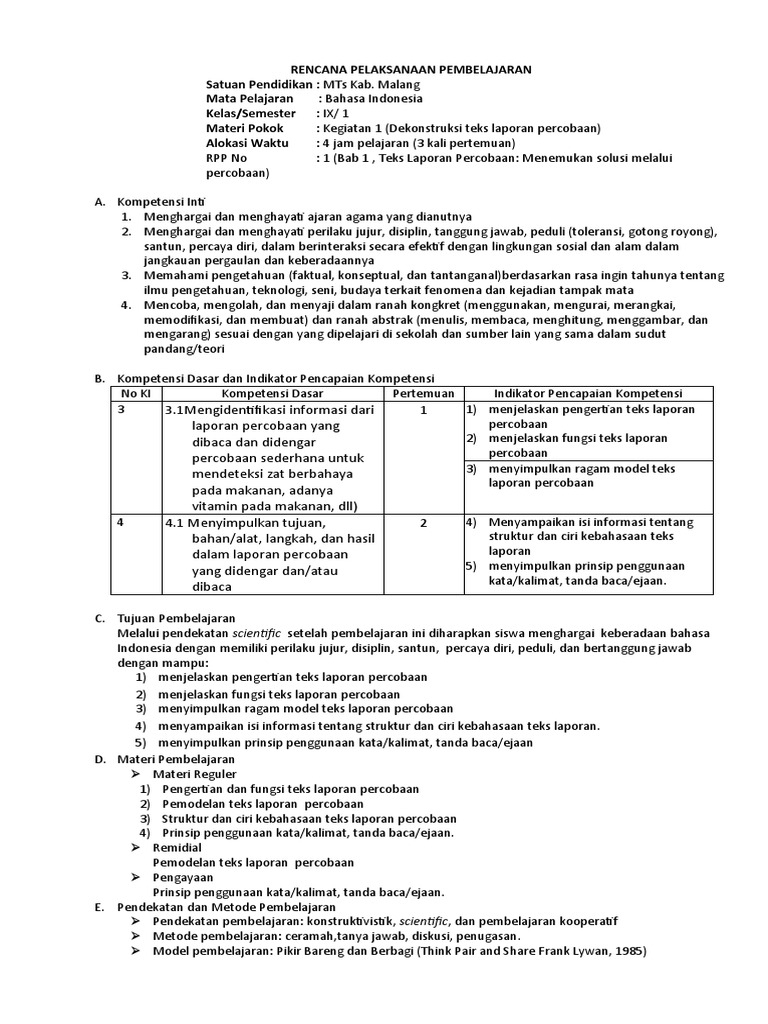 RPP Bhs. Indonesia Kelas 9 Ganjil-Genap (1 Tahun) | PDF | Seni & Disiplin Bahasa