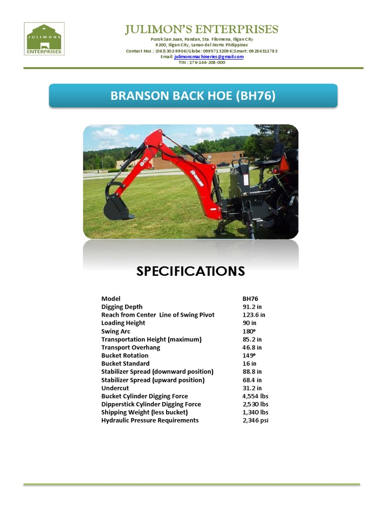 Branson Back Hoe (Bh76) : Julimon'S Enterprises | PDF