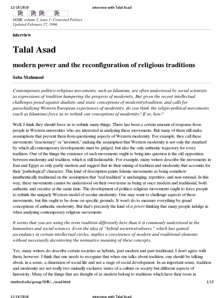 Talal Asad: Modern Power and The Reconfiguration of Religious ...