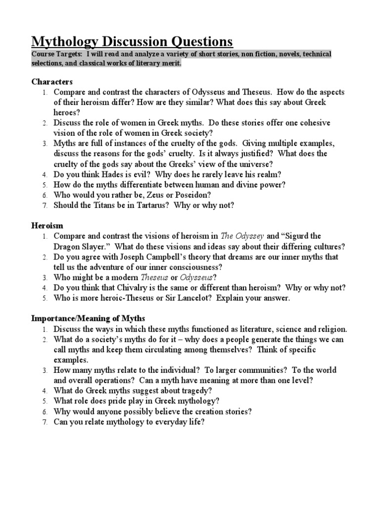 Mythology Discussion Questions | PDF