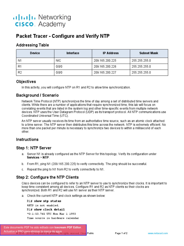 10.3.4 - Packet Tracer - Configure and Verify NTP | PDF | Network Architecture | Computer Network