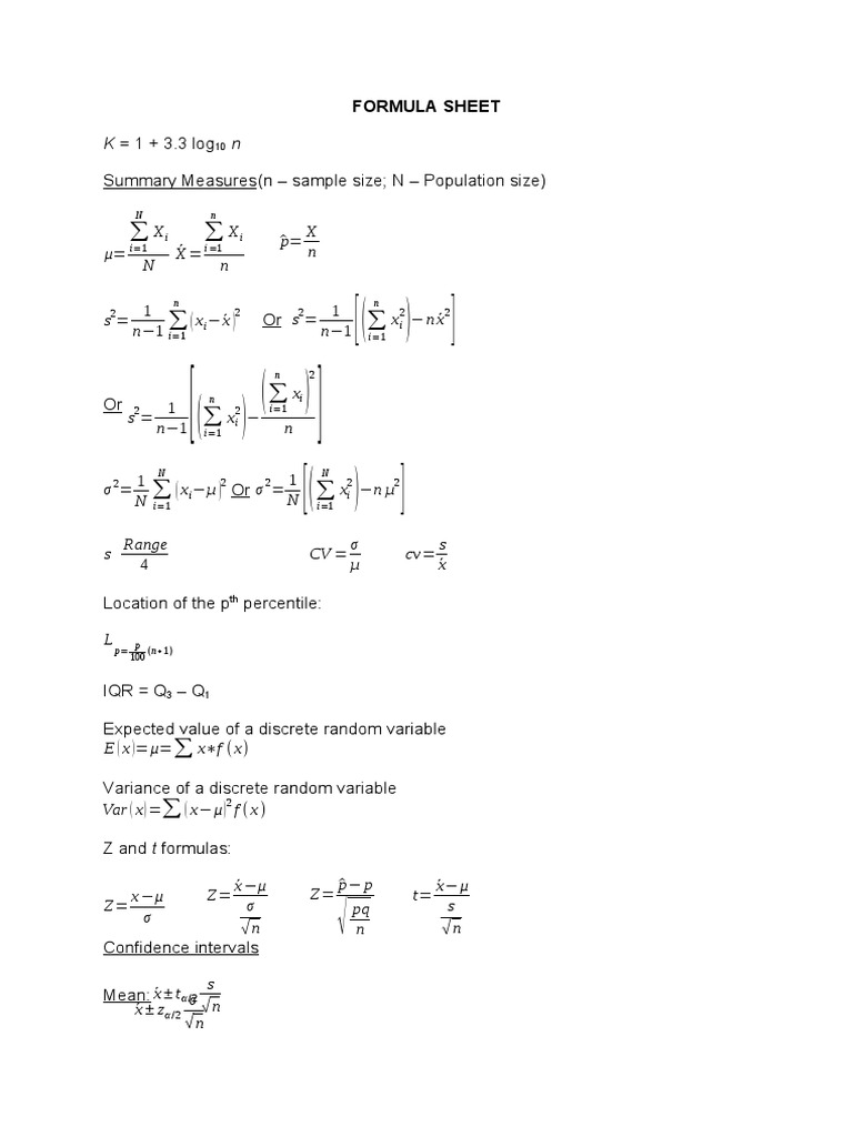 FORMULA SHEET and The TABLES | PDF | Variance | Statistical Theory
