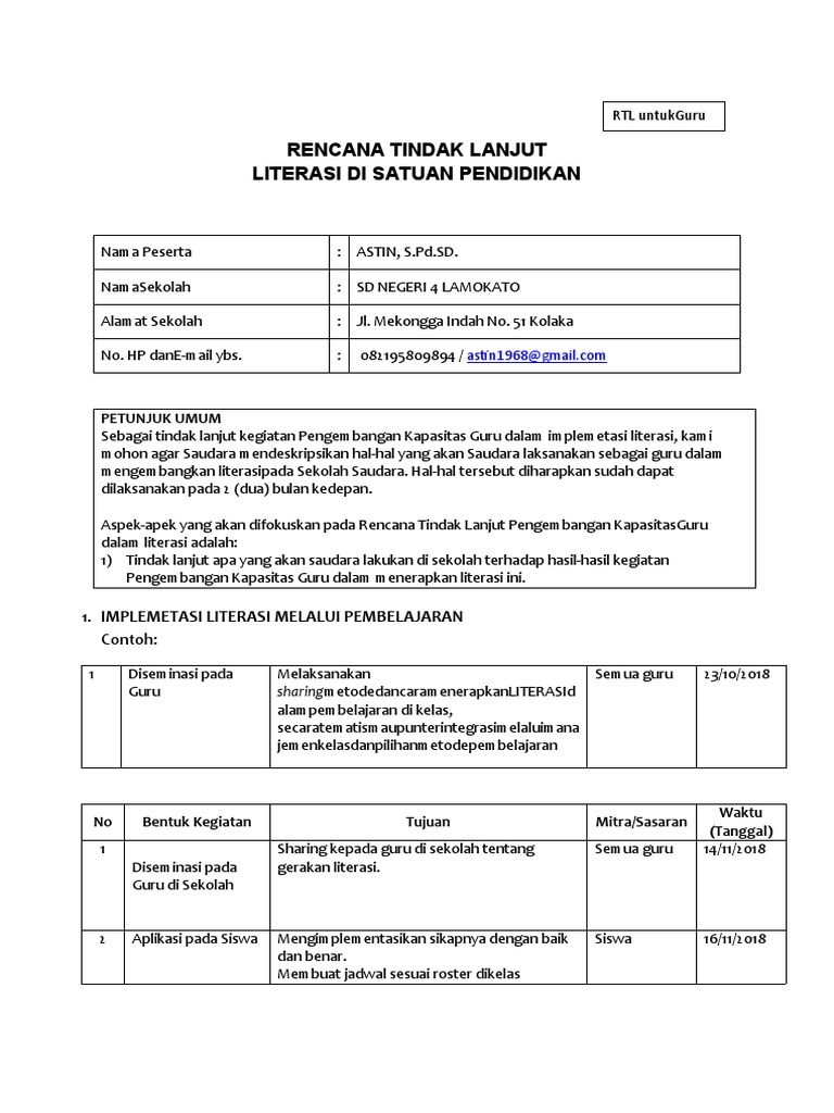 Rencana Tindak Lanjut Literasi SD | PDF