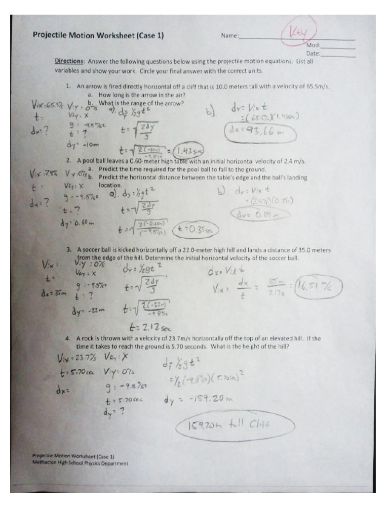 Projectile Motion Worksheet (Case 1) | PDF