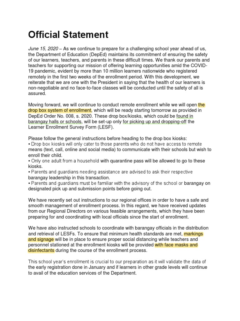 Official Statement June 15 | PDF | Behavior Modification | Cognition