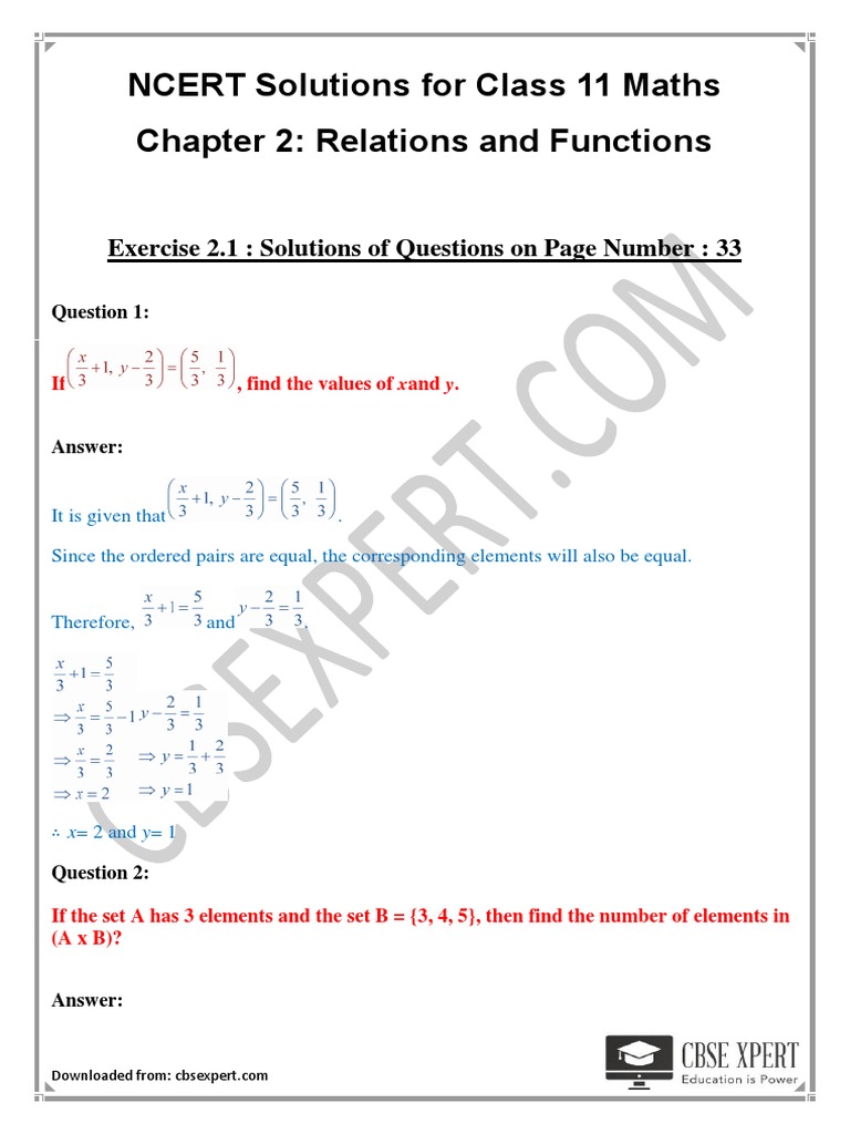 NCERT Solutions For Class 11 Maths Chapter 02 Relations and Functions | PDF | Domain Of A ...