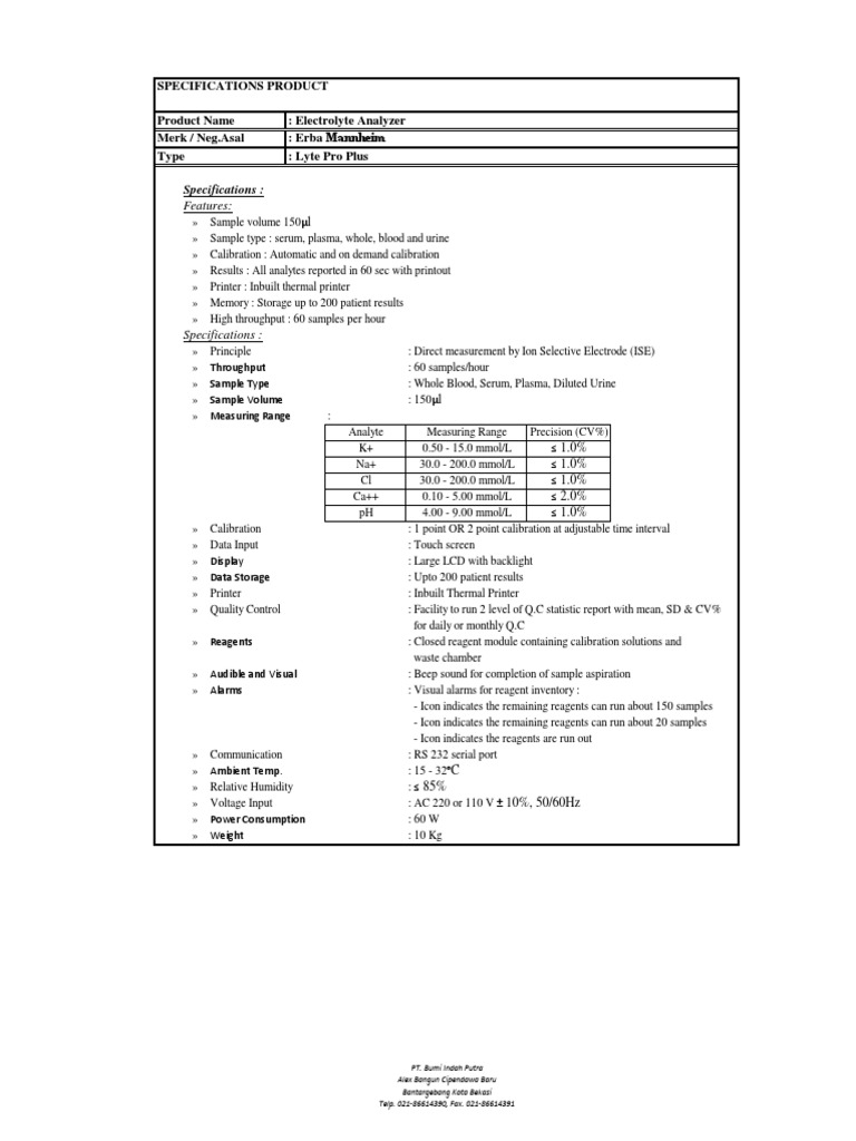 Erba Lyte Pro Plus Analyzer Specs | PDF | Chemistry | Nature